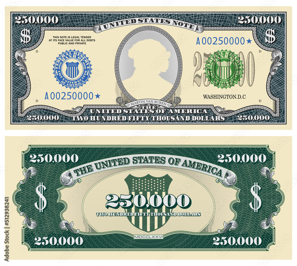 Vector fictional template obverse and reverse of US paper money. 250 ...