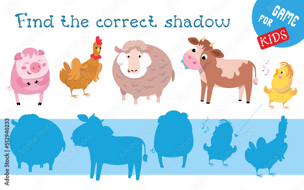 Find correct shadow. Game for children. Farm animals in cartoon style ...