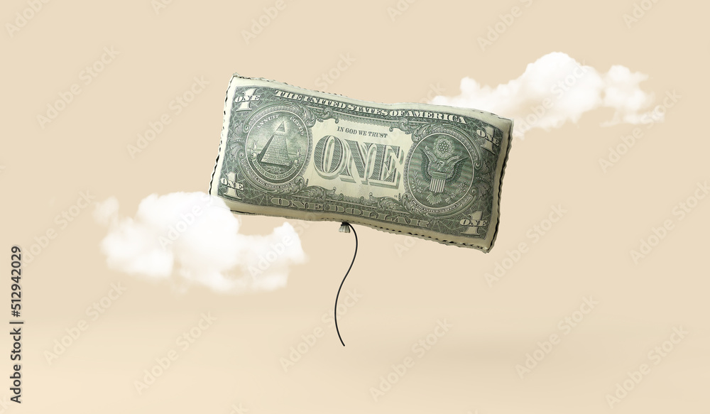 Inflated one dollar bill balloon. Economic inflation concept. 3D ...