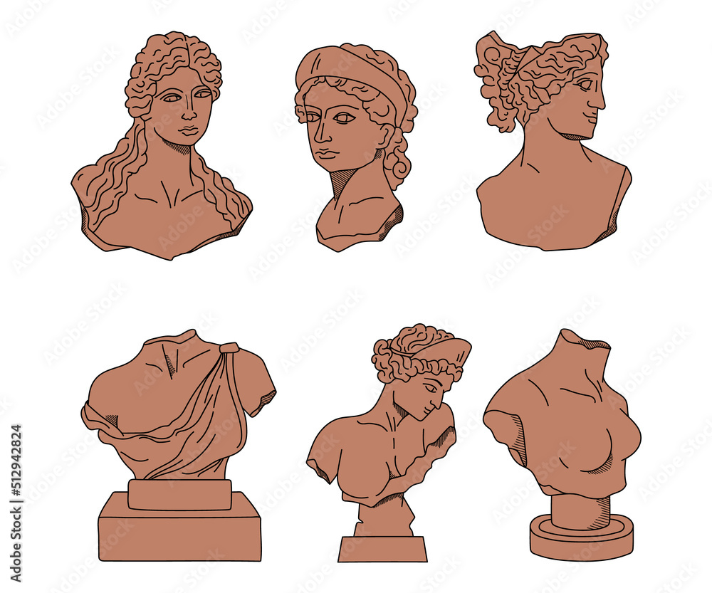 Ancient Greek statues of goddess or nymph, vector terracotta line and ...
