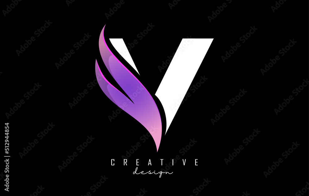 Vector illustration of abstract letter white V with pink leaf, eco ...