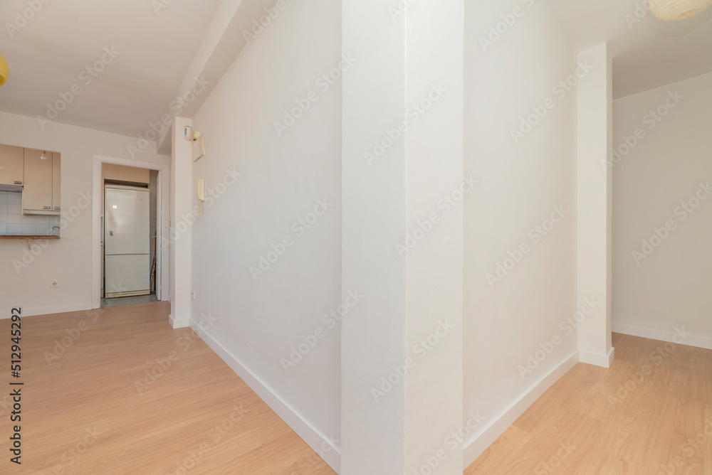 Empty home with hallways with light oak floorboards and plain white ...