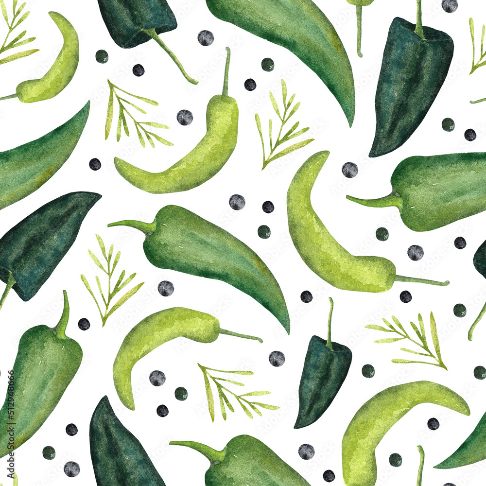 Watercolor green peppers with herbs seamless pattern. Texture for ...