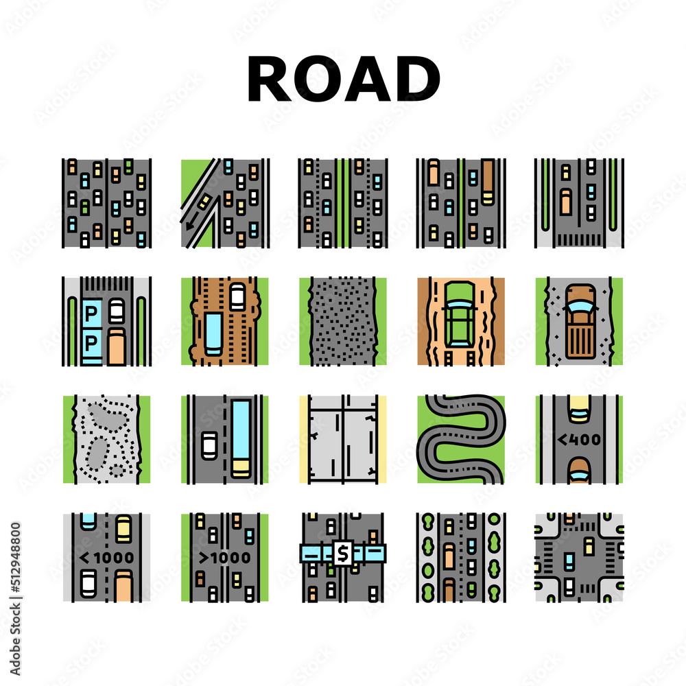 Road Urban And Country Highway Icons Set Vector. Expressway And Local ...