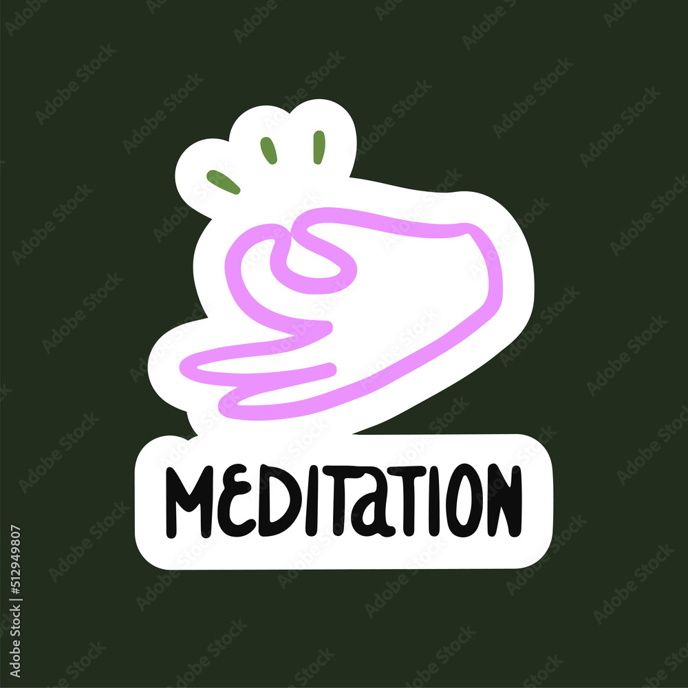 Lettering meditation. Hand folded in mudra and rays. Vector sticker in ...