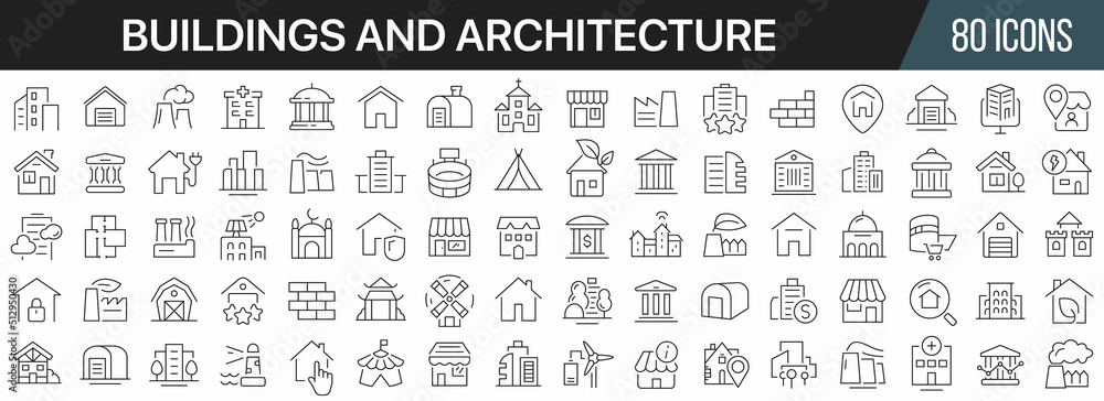 Buildings and architecture line icons collection. Big UI icon set in a ...