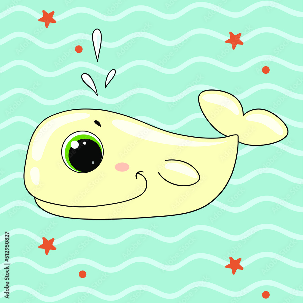 Cute cartoon children's character white whale with a fountain of spray. Beluga. A resident of ...