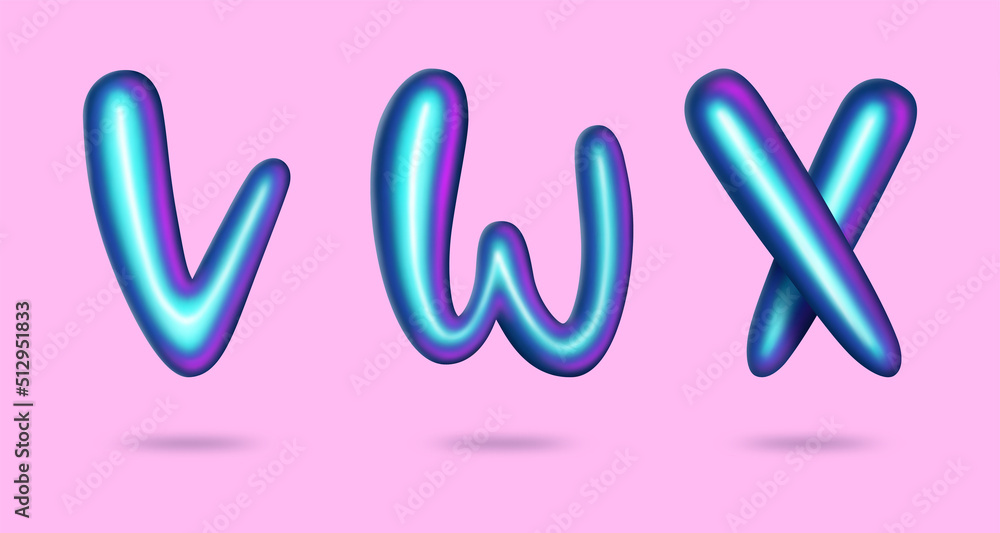 3d holographic lettering. Iridescent gradient letters V W X ...