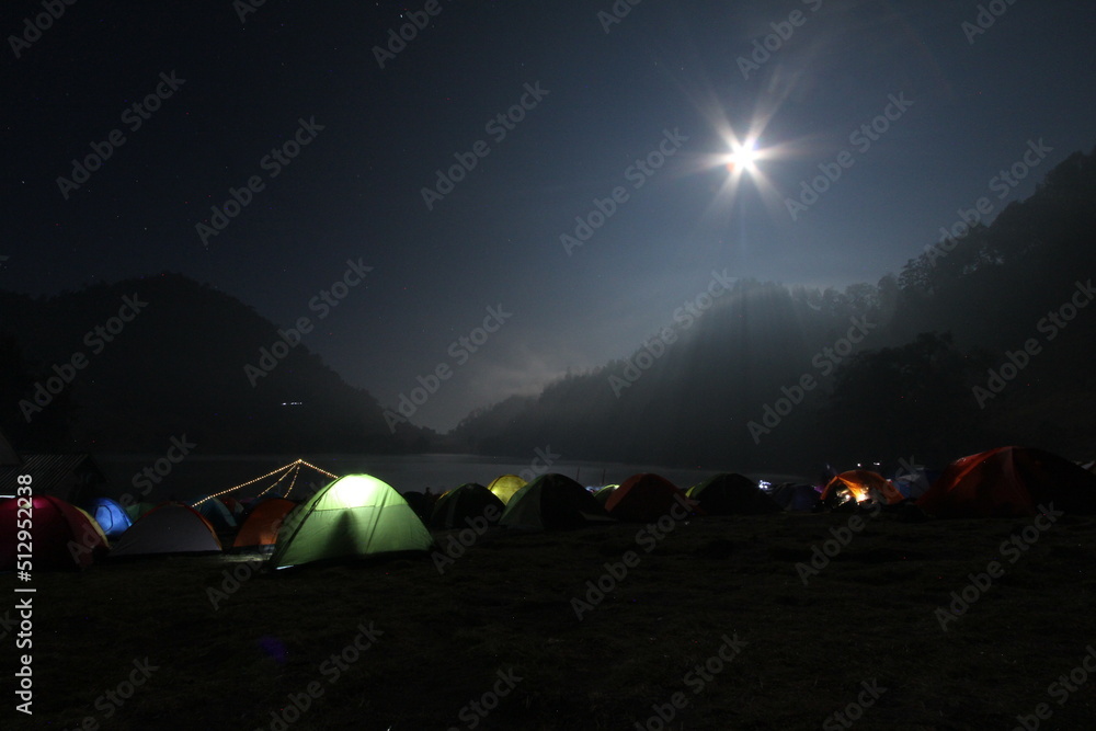 Camping under the moon at night in Ranu Kumbolo, Semeru mountains ...