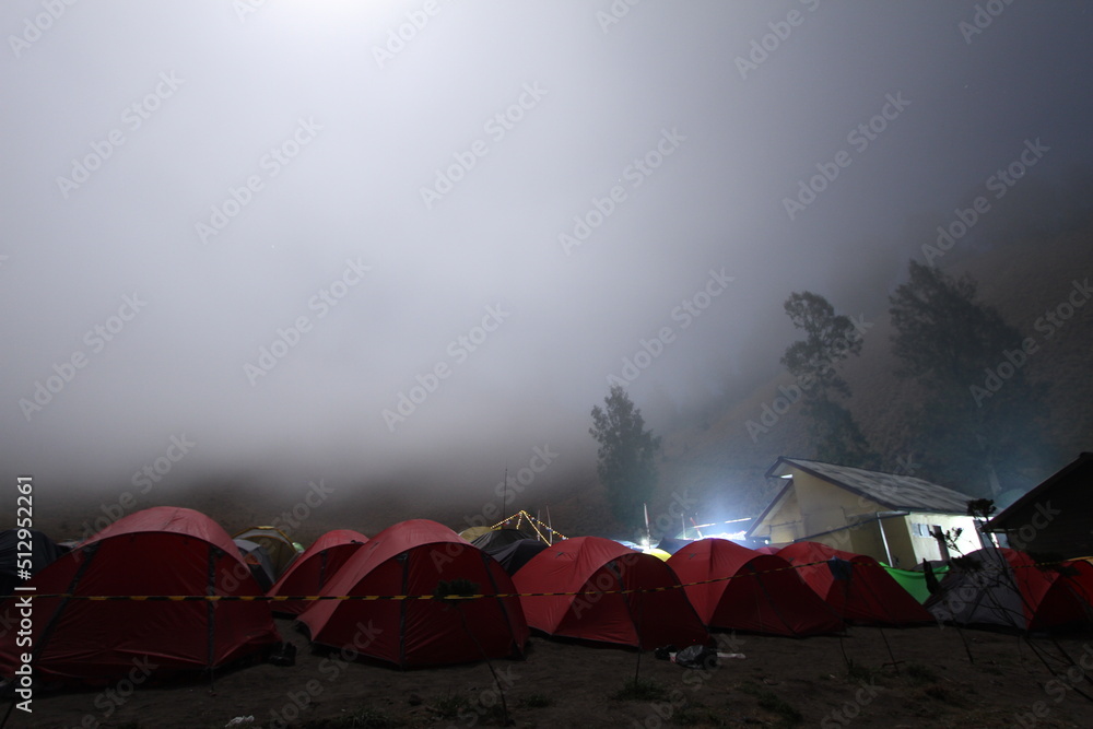 Camping under the fog at night in Ranu Kumbolo, Semeru mountains ...