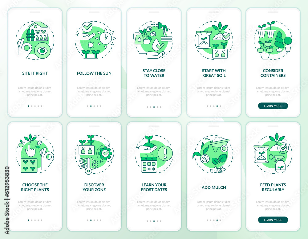 Gardening Tips Green Onboarding Mobile App Screen Set Horticulture Walkthrough 5 Steps Editable