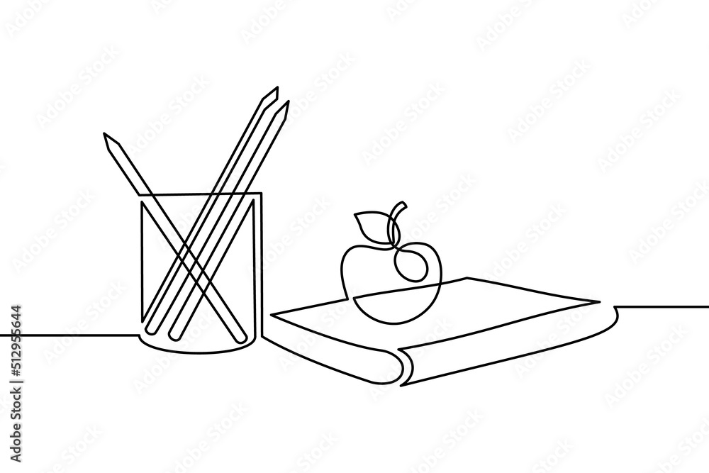 School supplies in continuous line art drawing style. Stationery, book ...