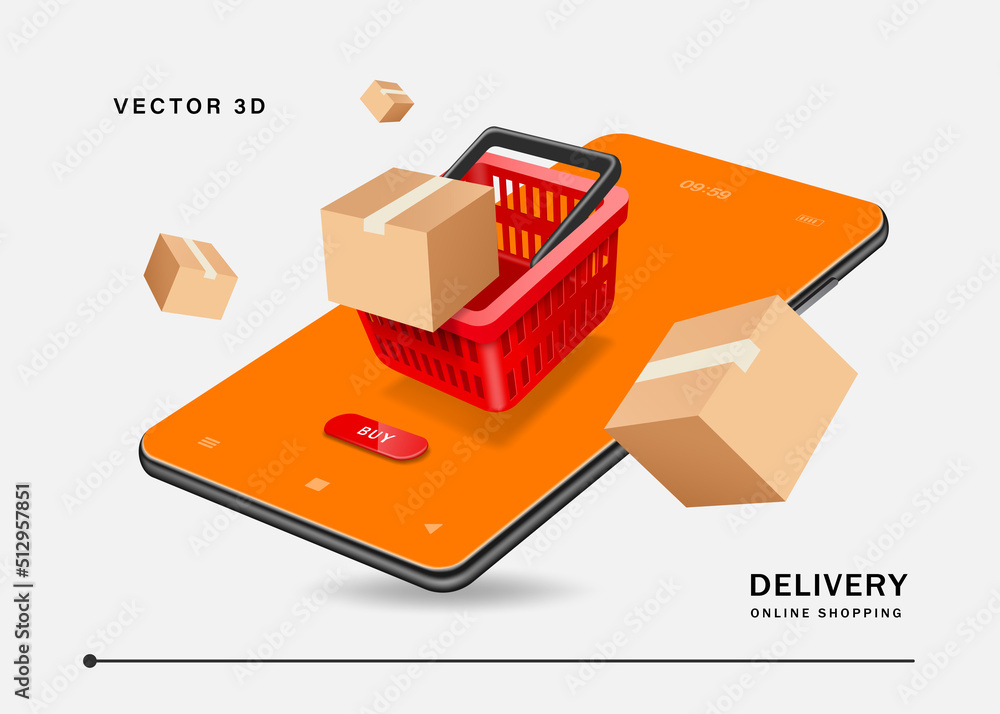 Parcel box is floating into a red shopping basket and all objects float ...