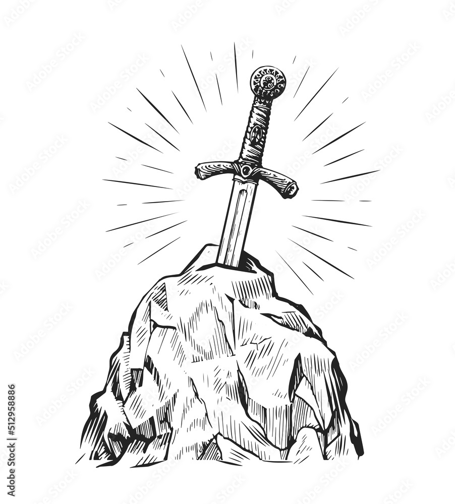Excalibur sword in the stone. Hand drawn sketch in vintage engraving ...