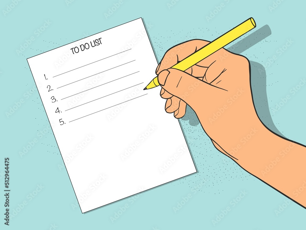 To-do list. The hand writes with a pen on a sheet of paper. Vector ...