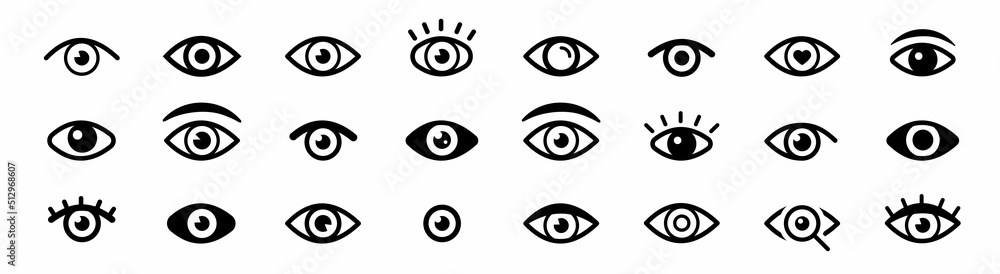 Eye icon set. Simple eye icon vector. Eye silhouette. Magnifier with ...