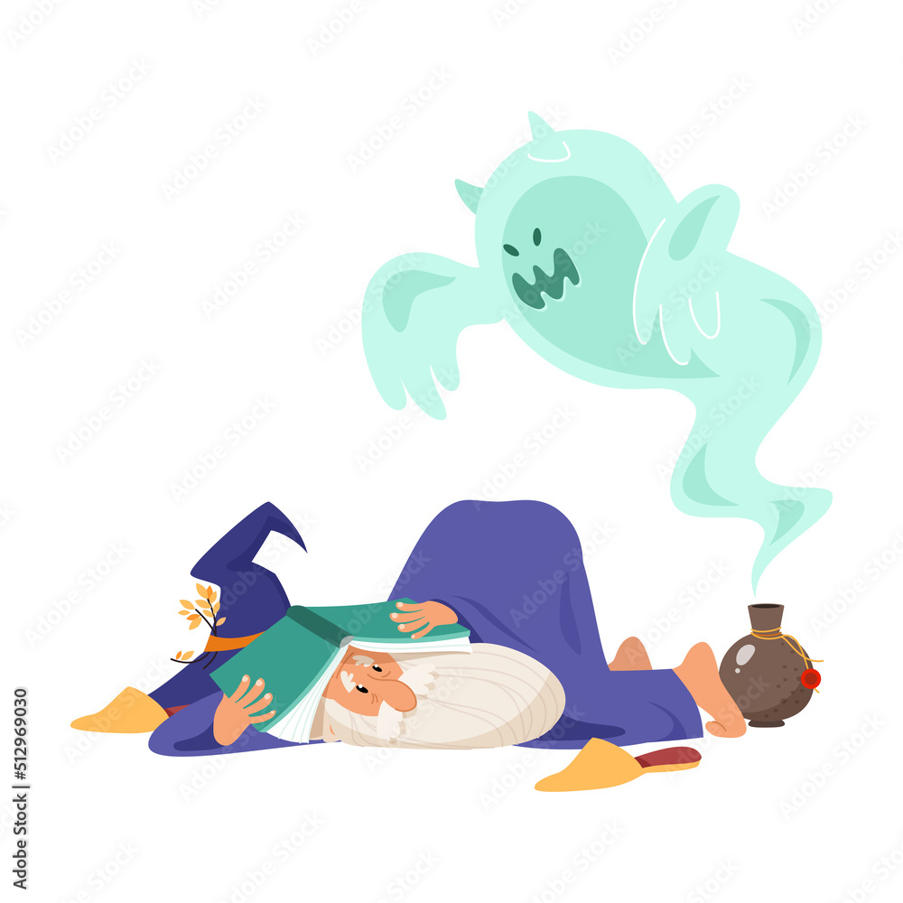 Wizard and a scary ghost. Cartoon illustration of a funny scared ...