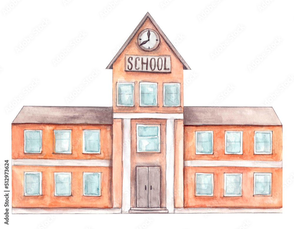 School building with clock, hand-drawn watercolor illustration isolated ...