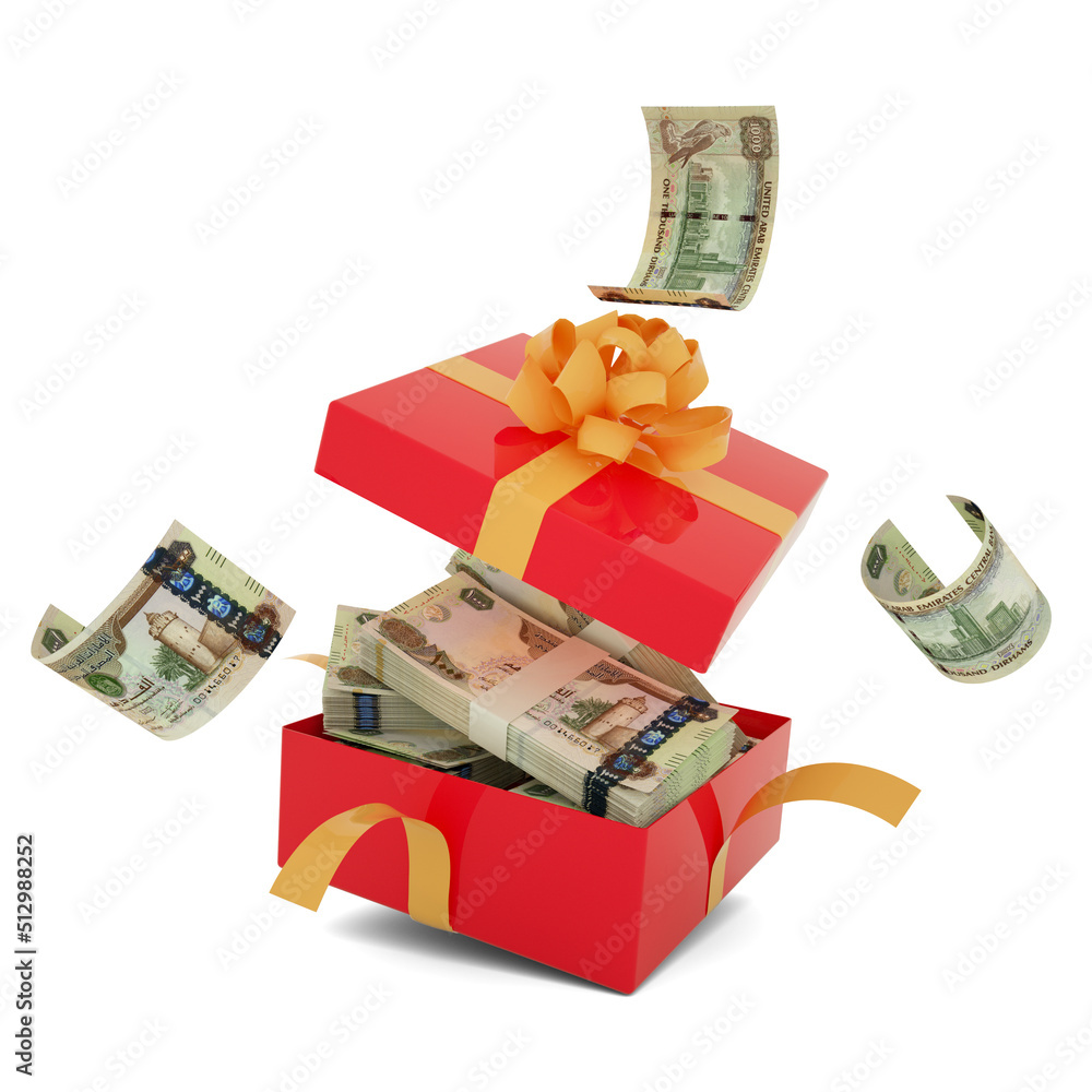 1000 United Arab Emirates dirham notes inside an open red gift box ...