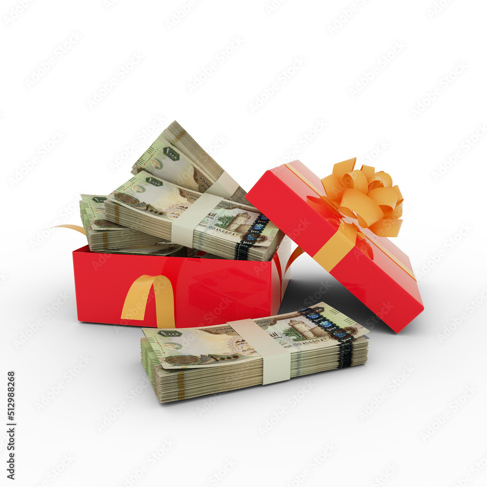 Stack of 1000 United Arab Emirates dirham notes inside an open red gift ...