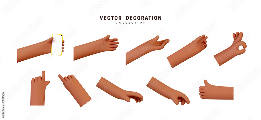 Hands set of realistic 3d design in cartoon style. Hand shows different ...