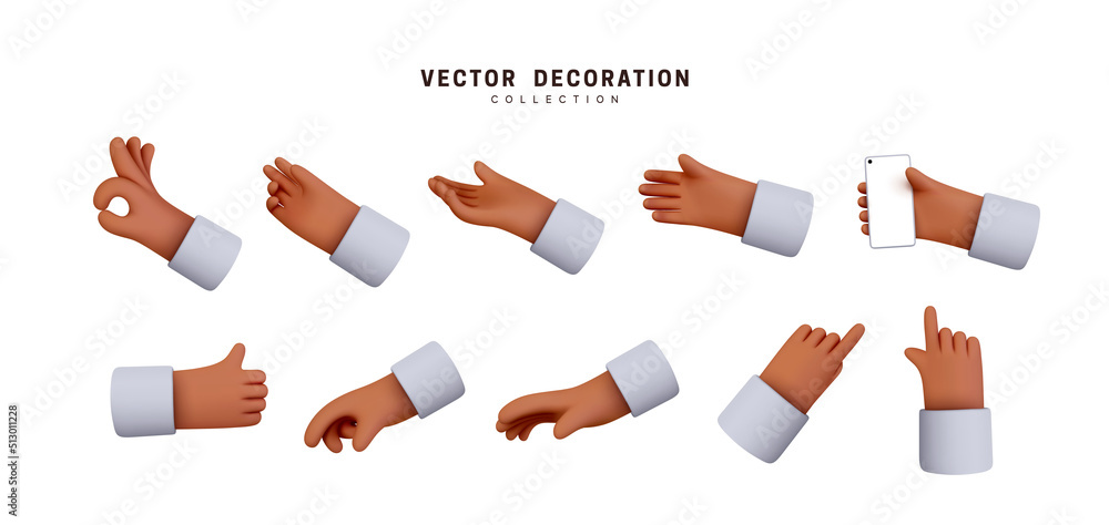 Hands set of realistic 3d design in cartoon style. Hand shows different ...