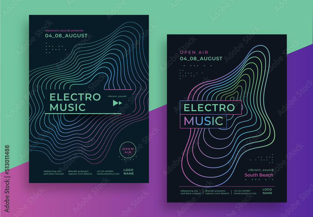 Electronic Music Posters Layout with Neon Line Wave Stock Template ...