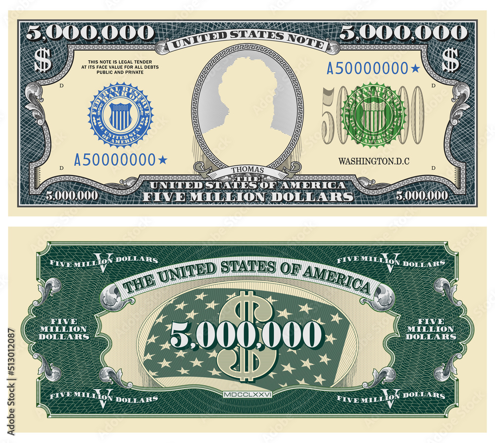 Vector fictional template obverse and reverse of US paper money. Five ...