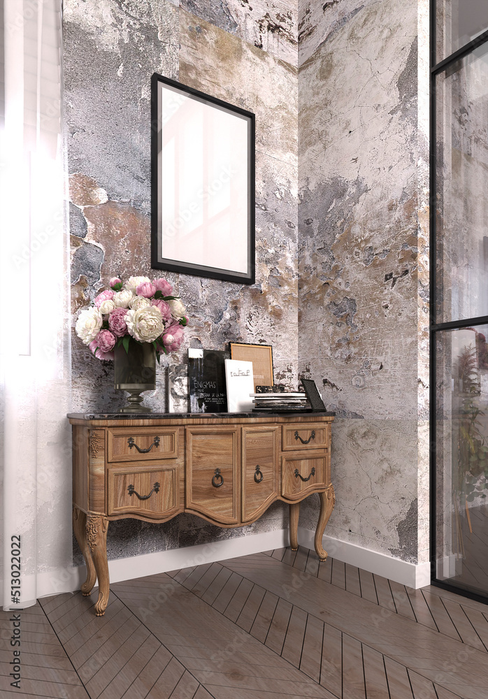 Classic design style interior 3d rendering Stock Illustration | Adobe Stock