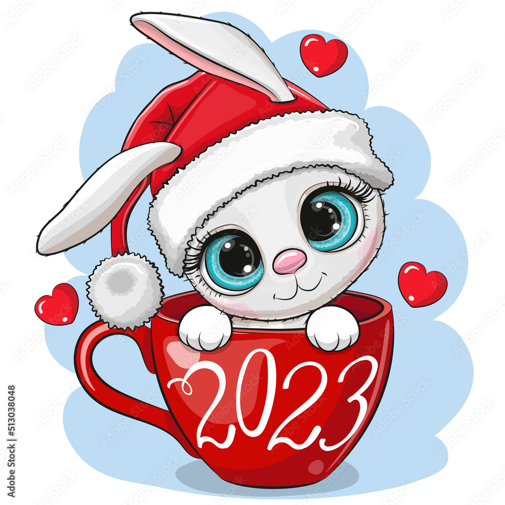Cartoon White Rabbit in a Santa hat is sitting in a Cup Stock Vector ...