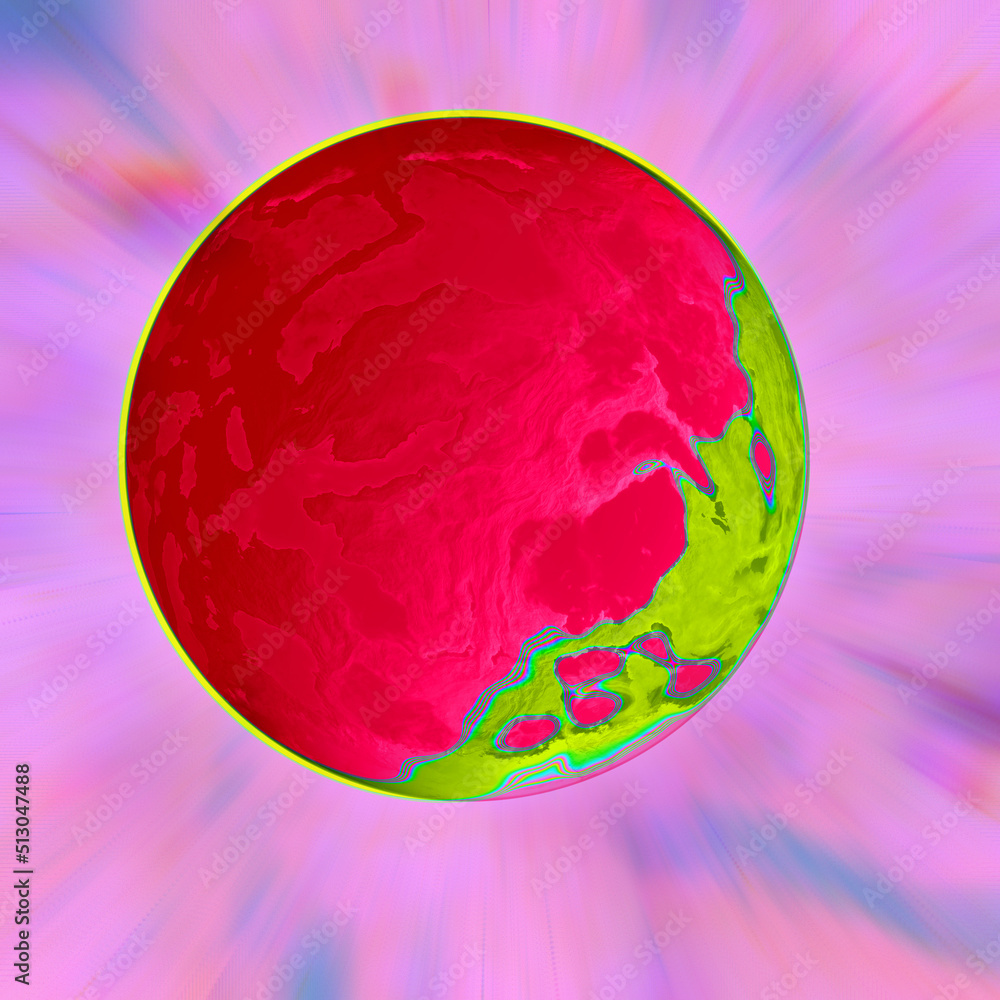 Cartoon bright pink green planet with psychedelic marble parts on baby ...