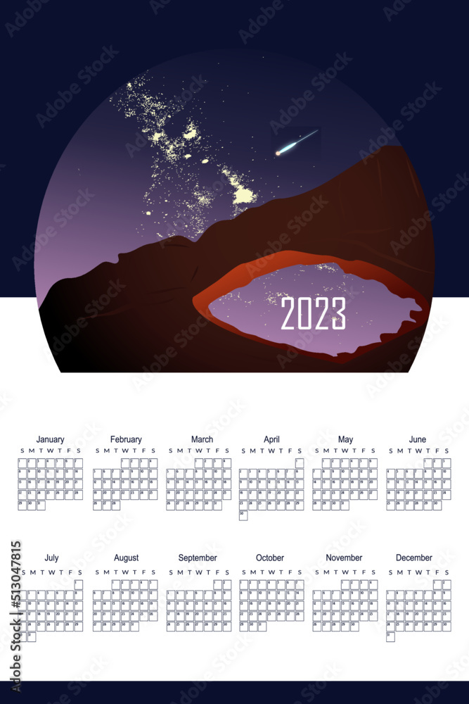 2023 calendar. Falling meteor against a background of starry sky and ...