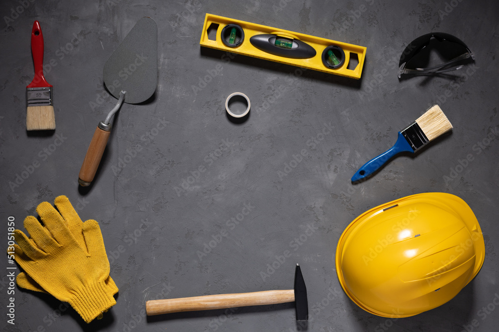 Construction work tool on floor background texture. Renovation concept ...