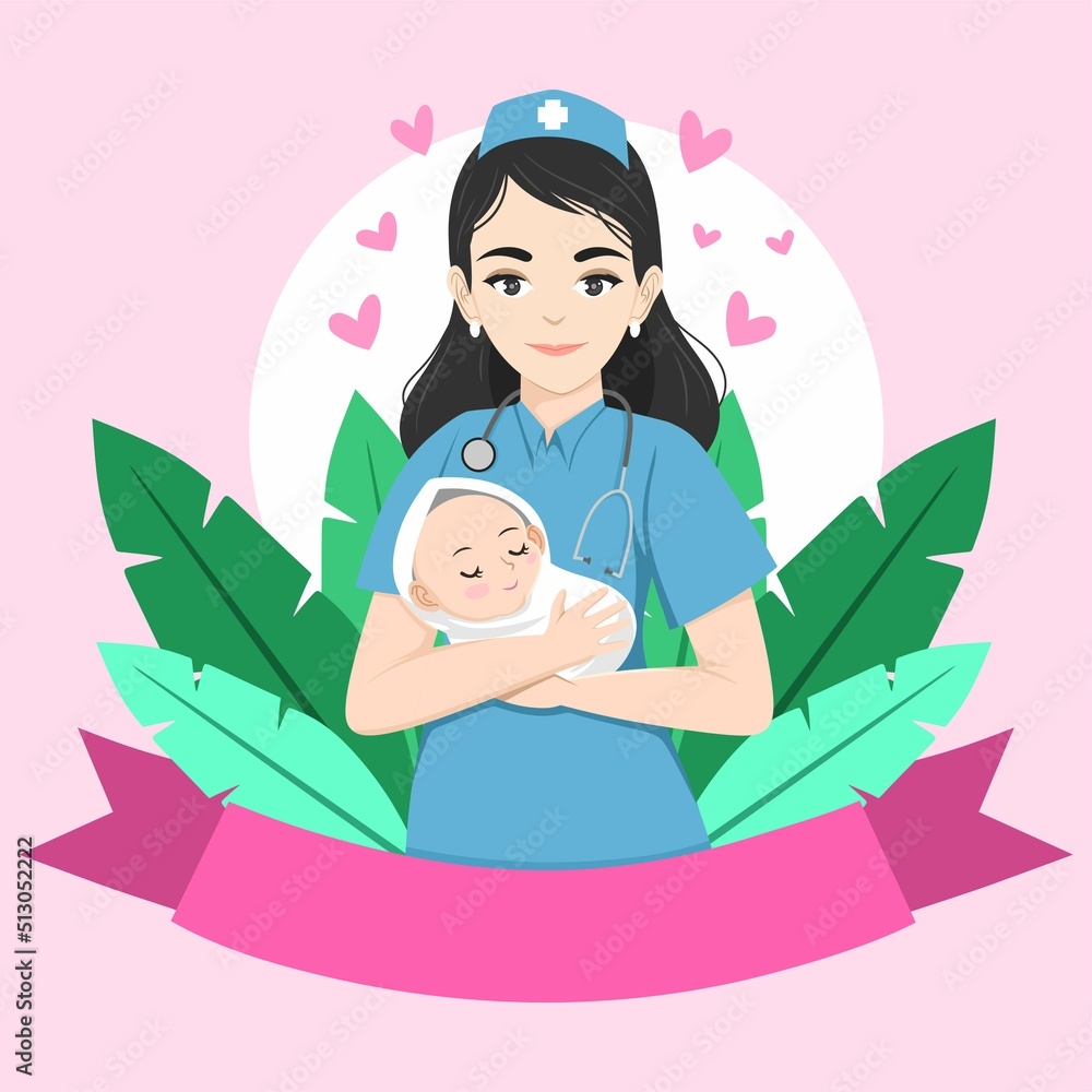 Vector illustration of a midwife holding a baby in her arms ...