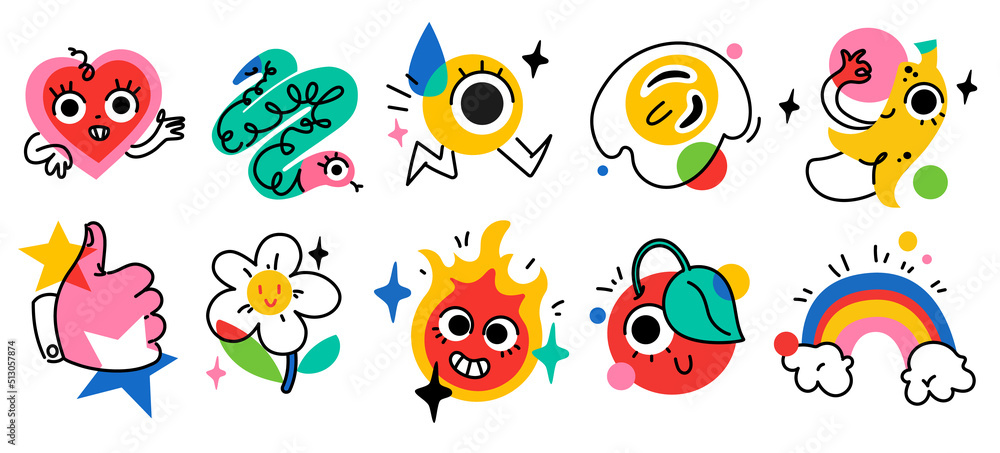 Set of funny Stickers, Patches, pins, stamps. Different cute comic ...