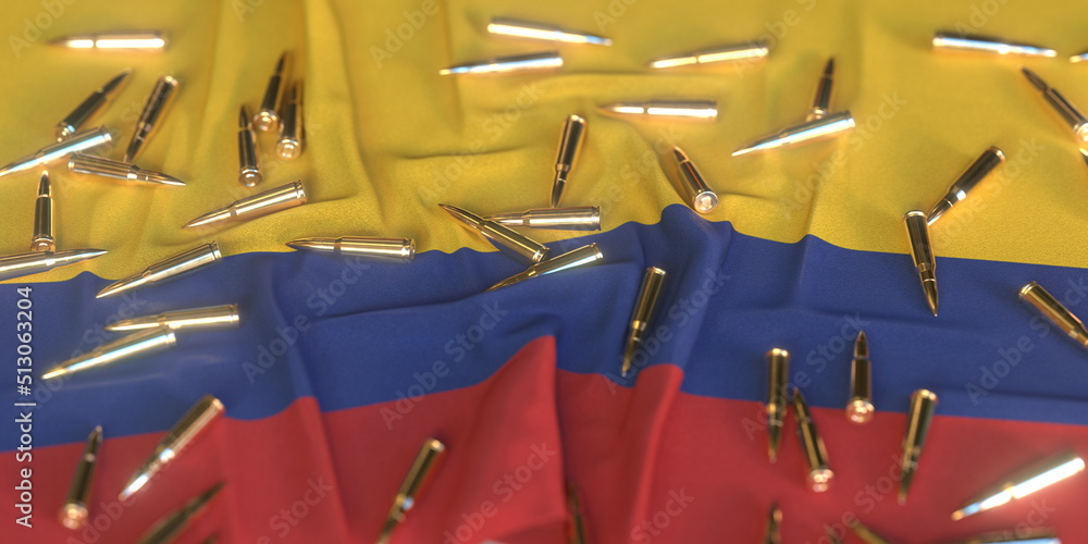 Flag of Colombia and bullets. Weapons or ammo market and laws related ...