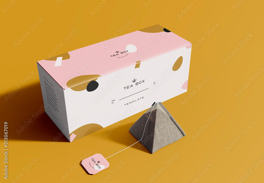 Tea Bag Box with Pyramid Sachet Mockup Stock Template | Adobe Stock