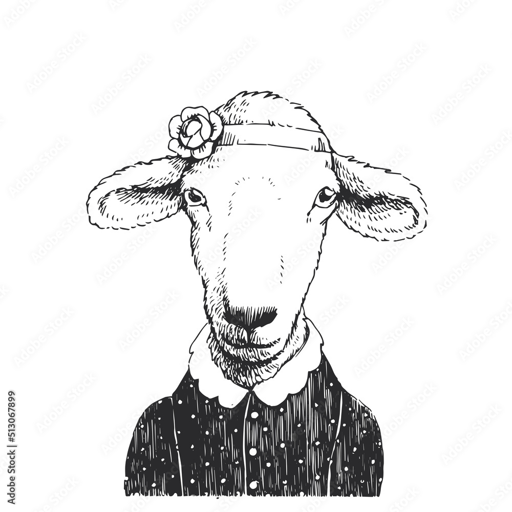 Vector hand drawn illustration with cute little sheep in dress and bow ...