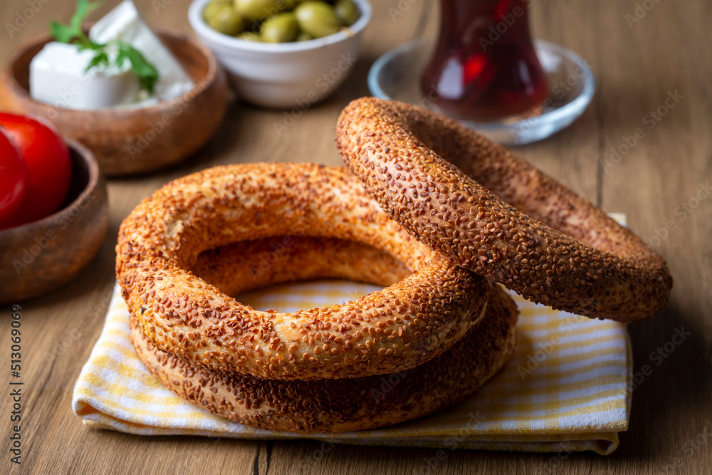 Turkish fast food bagel called Simit. Turkish bagel Simit with sesame ...