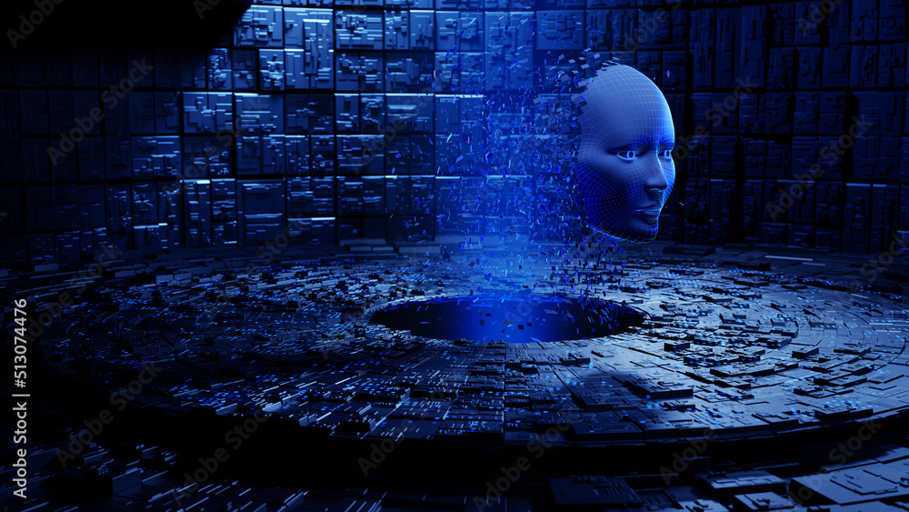Digital human face. Artificial intelligence AI. Dispersion dissolve ...