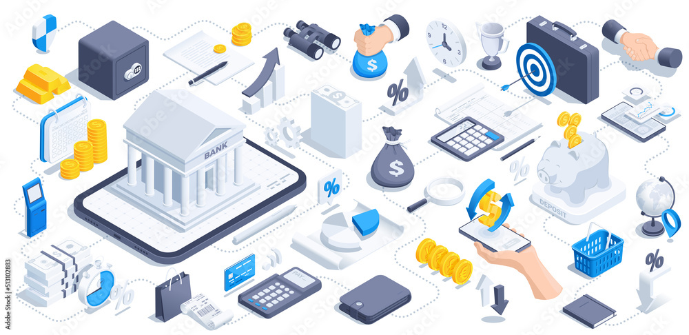 isometric vector illustration on a white background, business icons on ...