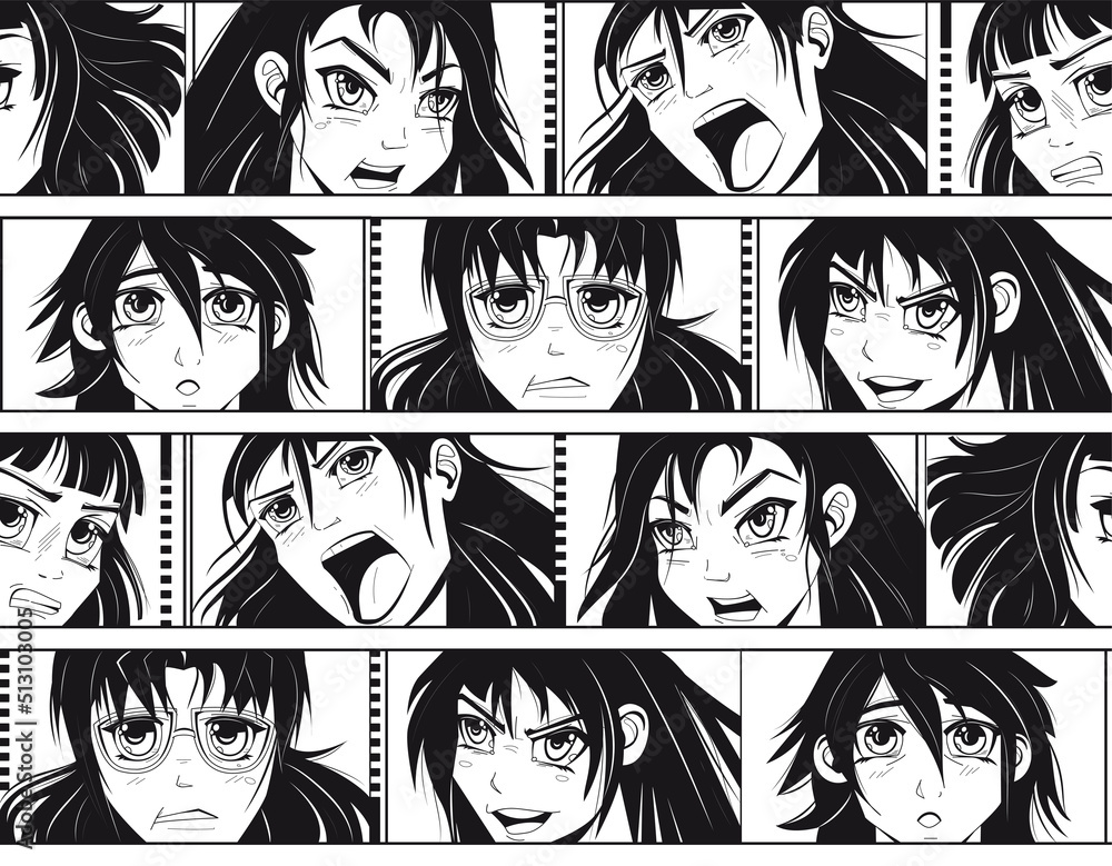 Vetor de Manga pattern seamless. Comic anime japan girls, asian face ...