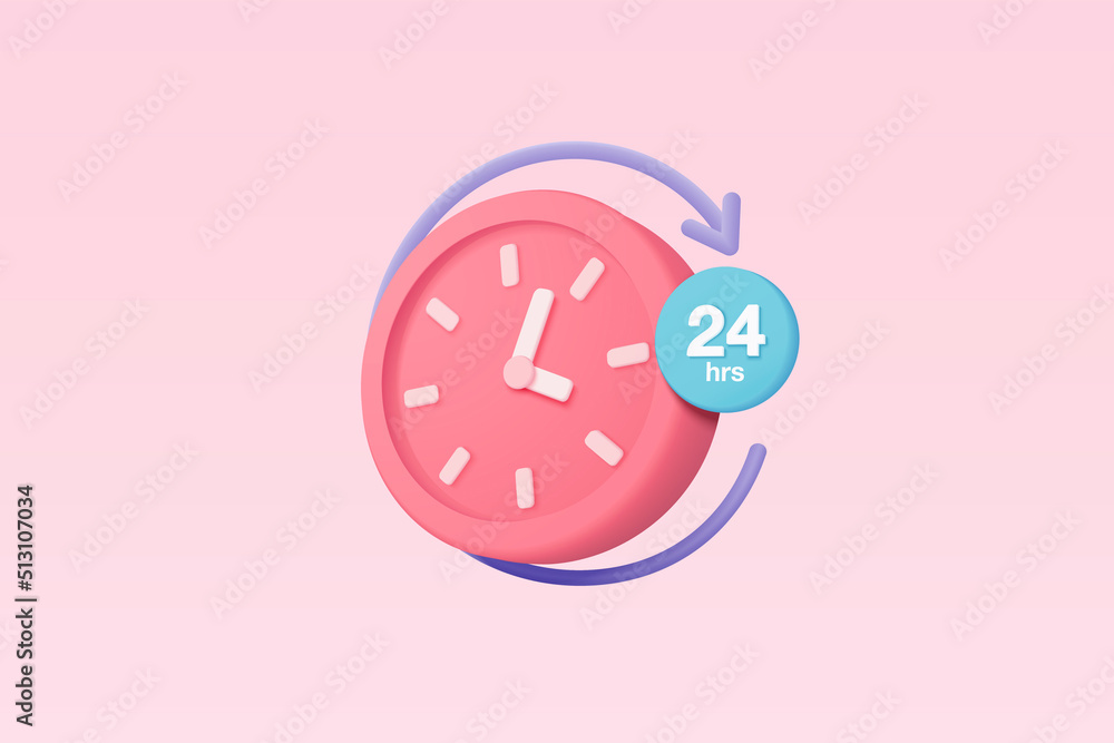 3d alarm clock 24 hours icon for speed delivery concept. Pink watch ...