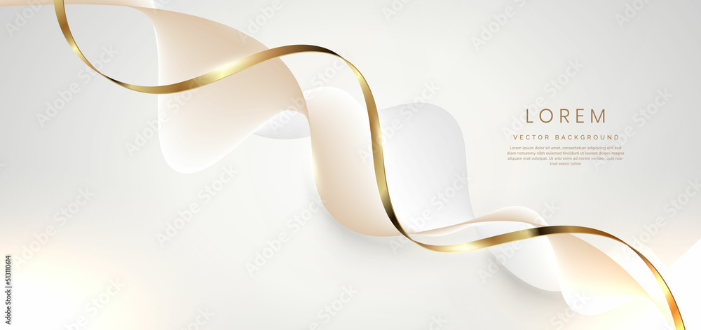 Abstract 3d gold curved white and gold ribbon on grey background with ...