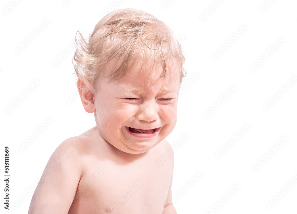 Portrait of a little baby who crying, isolated on white background ...