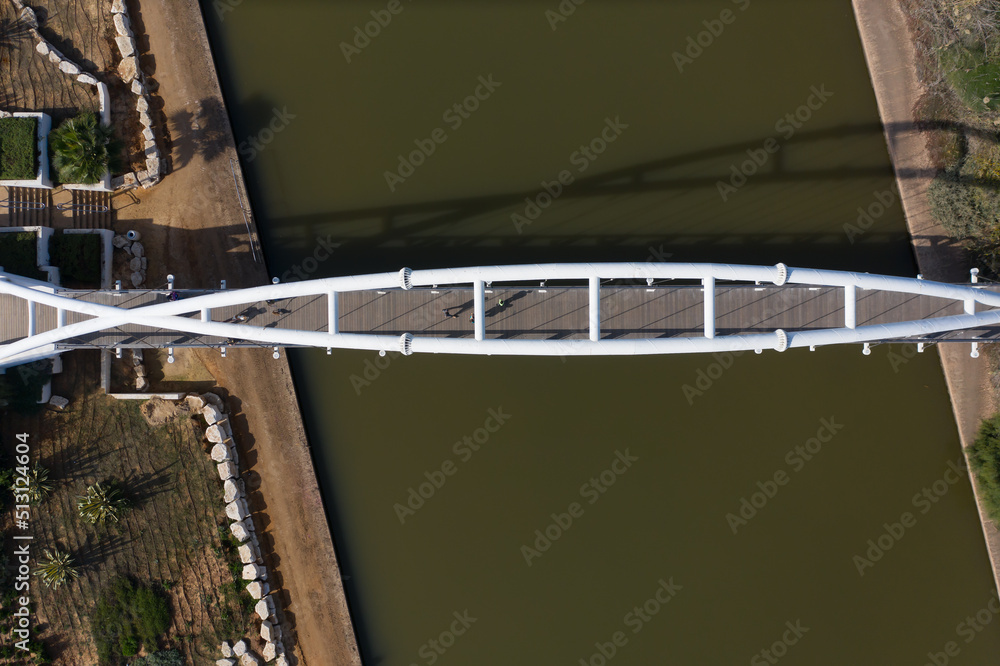 Park Nahal in Hadera, Top view of the pedestrian bridge over the river ...
