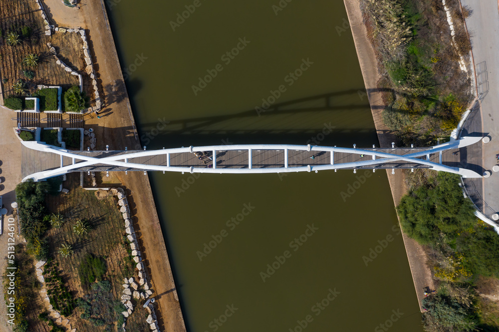 Park Nahal in Hadera, Top view of the pedestrian bridge over the river ...