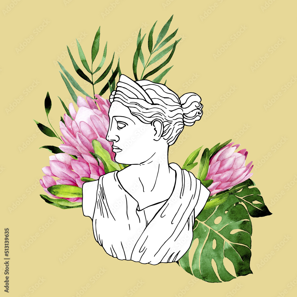 Isolated greek statue in art nouveau style. Line drawing with ...