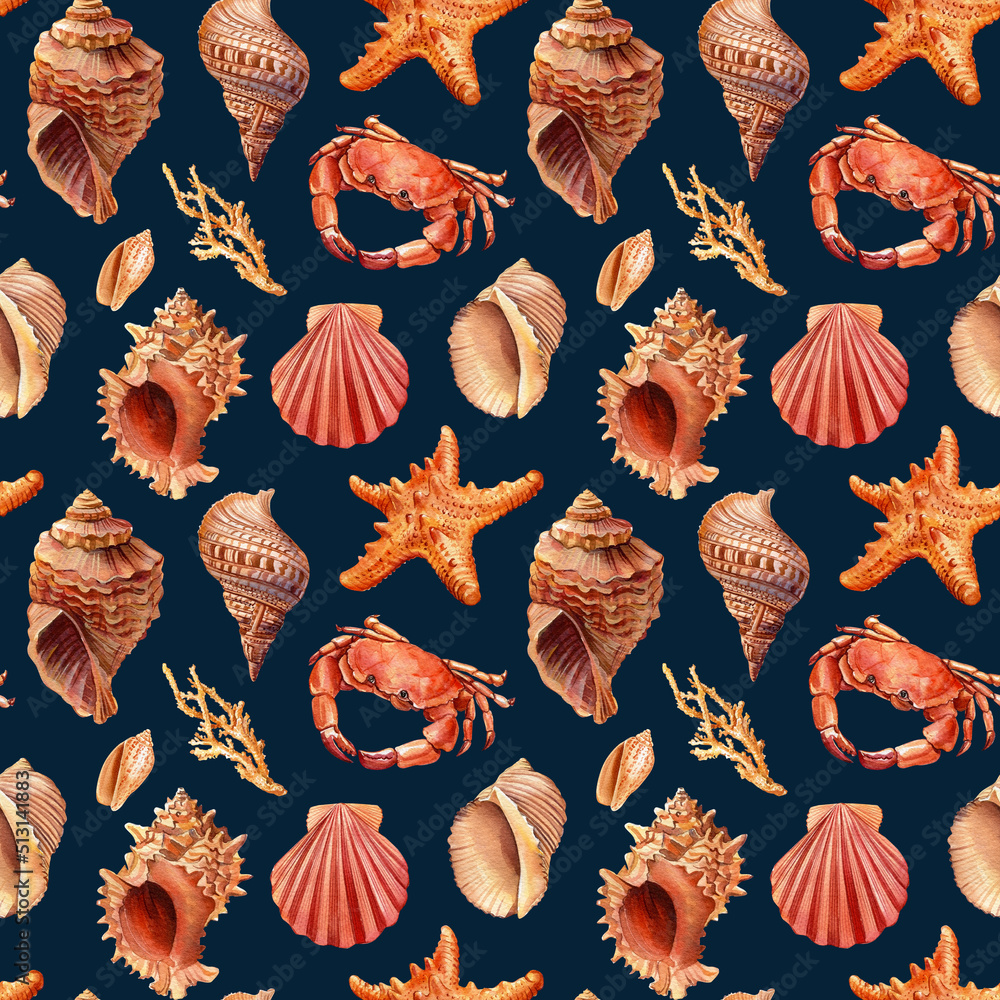 Seamless pattern with starfish, crab, shells. Dark blue background for ...
