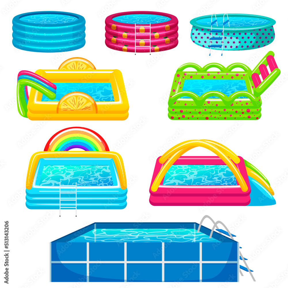 Set of inflatable swimming pools with blue water for kid, child ...